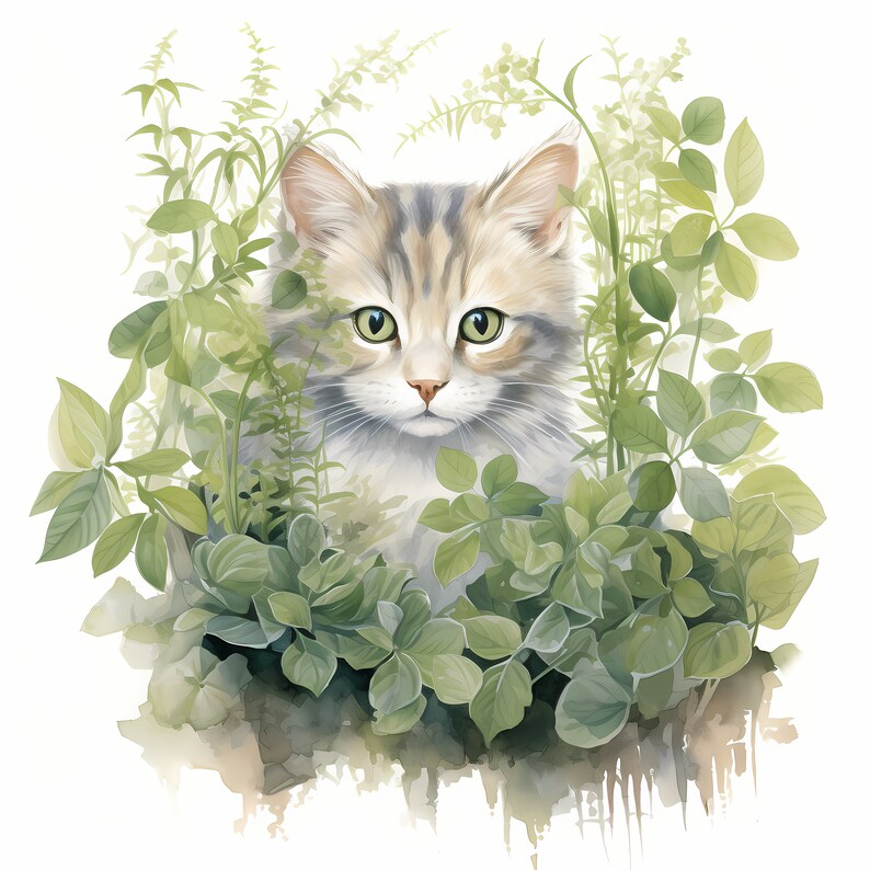 Cat in Plants, Cute Kitten, Garden Cat Watercolor Clipart Set With 10 ...