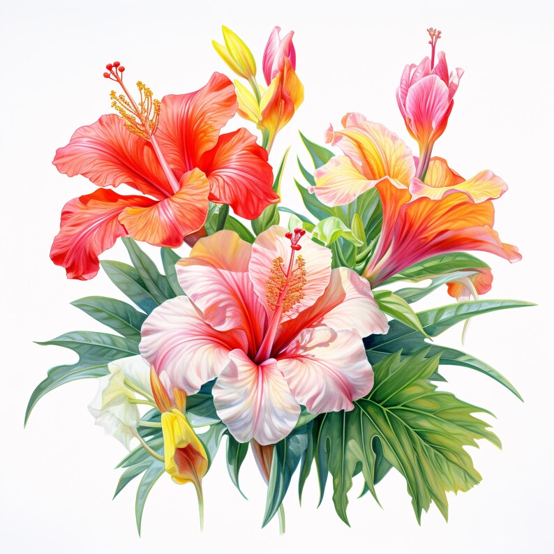 Watercolor Hibiscus Clipart: Tropical Flower Art, Exotic Botanical ...