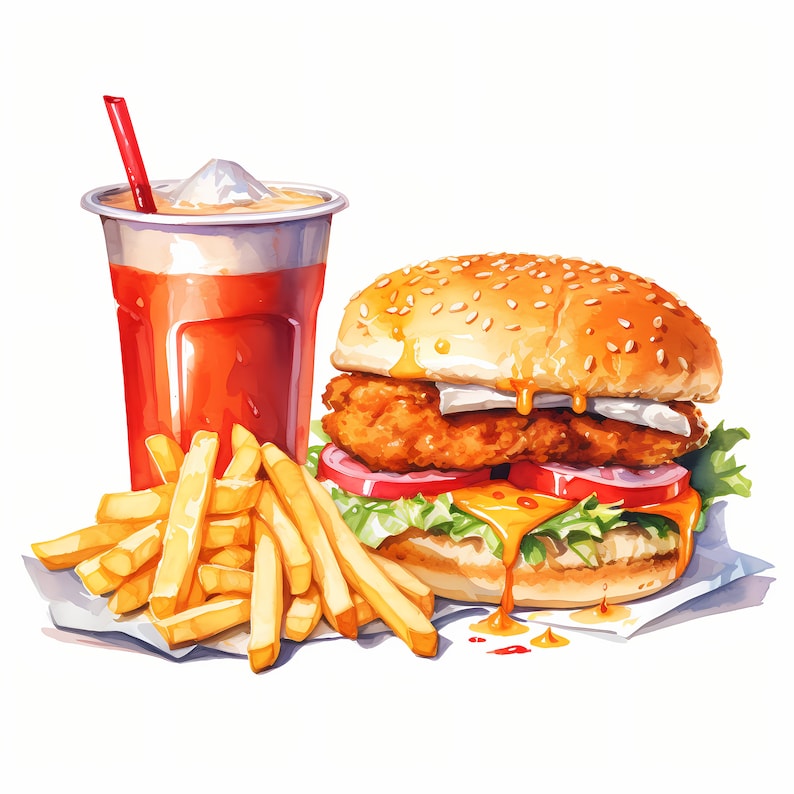 Burgers and Fries Clipart, Fast Food Images, 10 Watercolor Clip Art ...