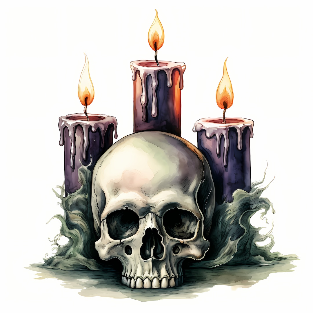 Halloween Skull Clipart, Skull With Candles Images, 10 Watercolor Clip ...