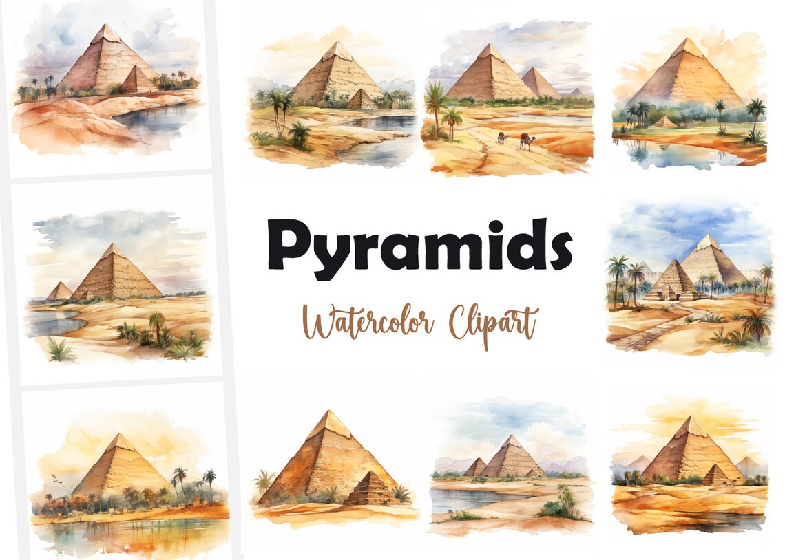 Watercolor Egyptian Pyramids Clipart: Desert Landscape Images (jpgs ...