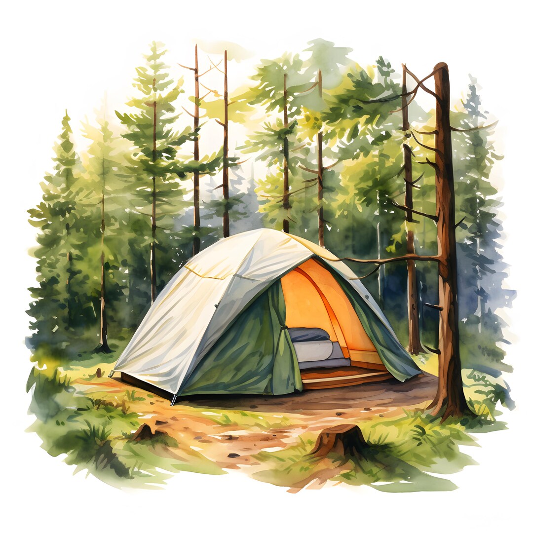Watercolor Camping Clipart: Forest Tent Images (JPG Digital Download ...