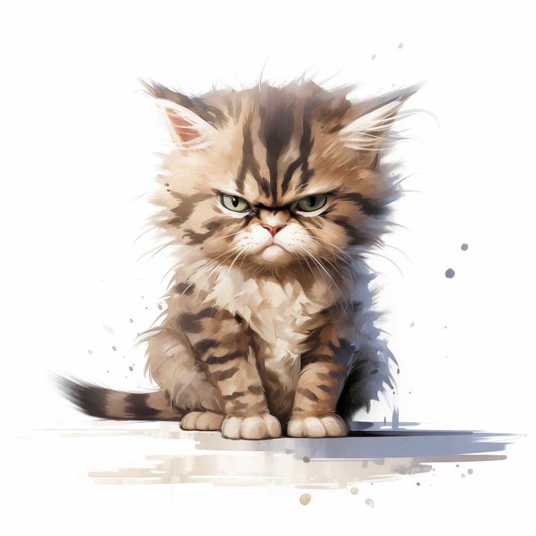 10 Sad Cat, Angry Cat, Grumpy Kitten JPG, Watercolor Clipart, Printable ...
