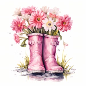 Pink Gumboots Clipart, Rain Boots With Flowers Images, 10 Watercolor ...