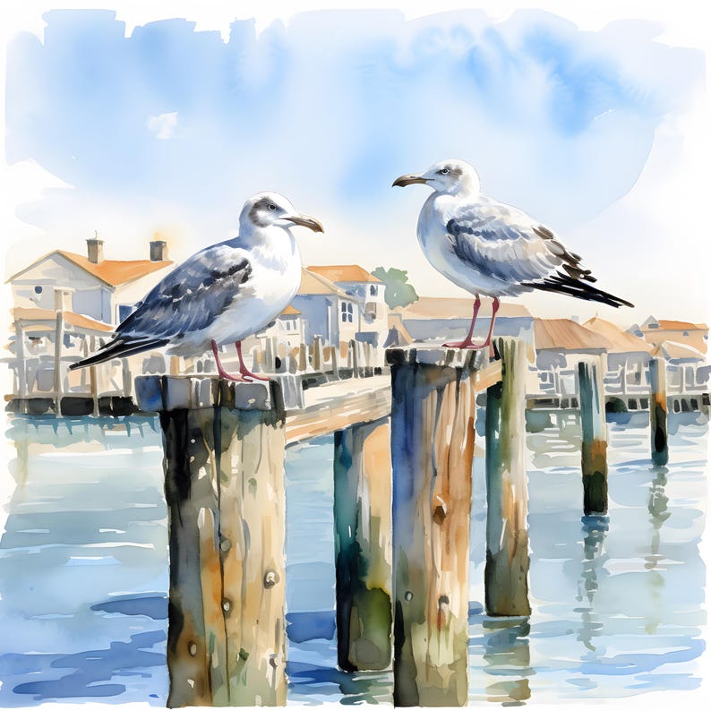 Seagull Watercolor Clipart: Gulls on Pier Posts (JPG, Commercial Use ...