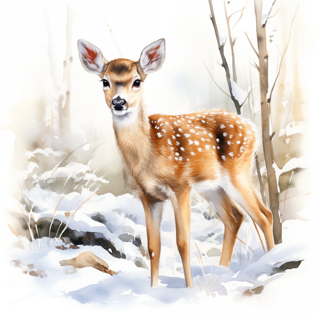 Fawn Clipart, Fawn in Winter Images, 10 Watercolor Clip Art, Printable ...