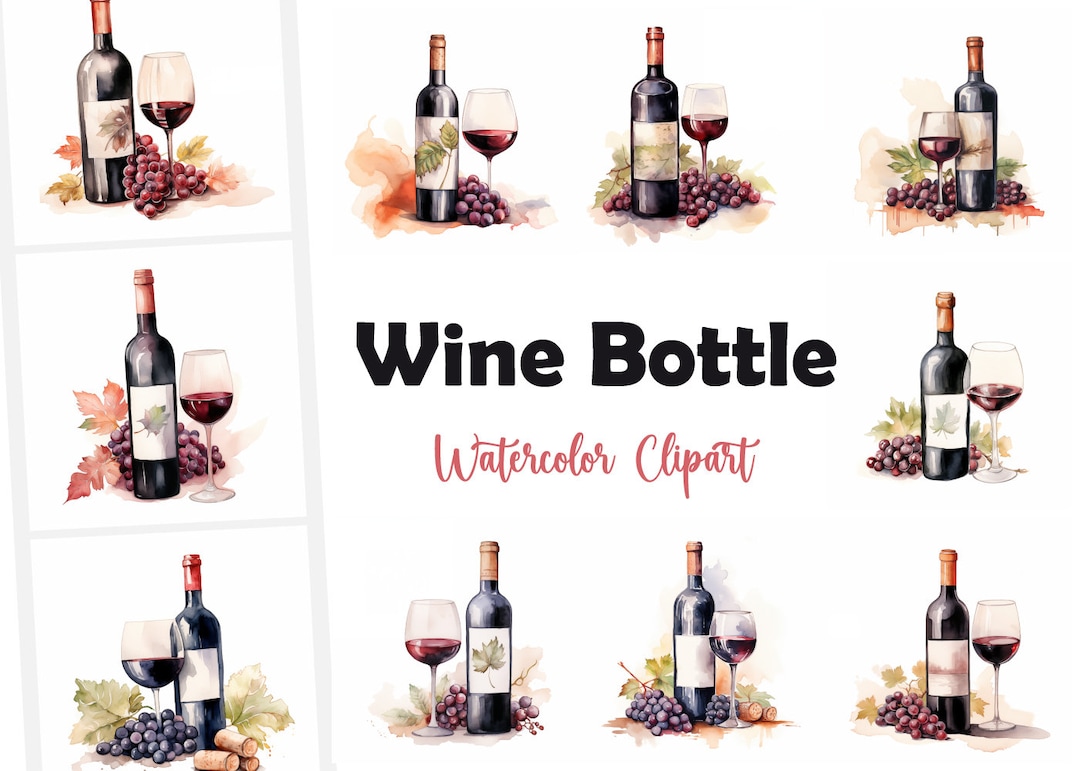 Watercolor Wine Bottle Clipart: Red Wine Images (JPG Digital Download ...