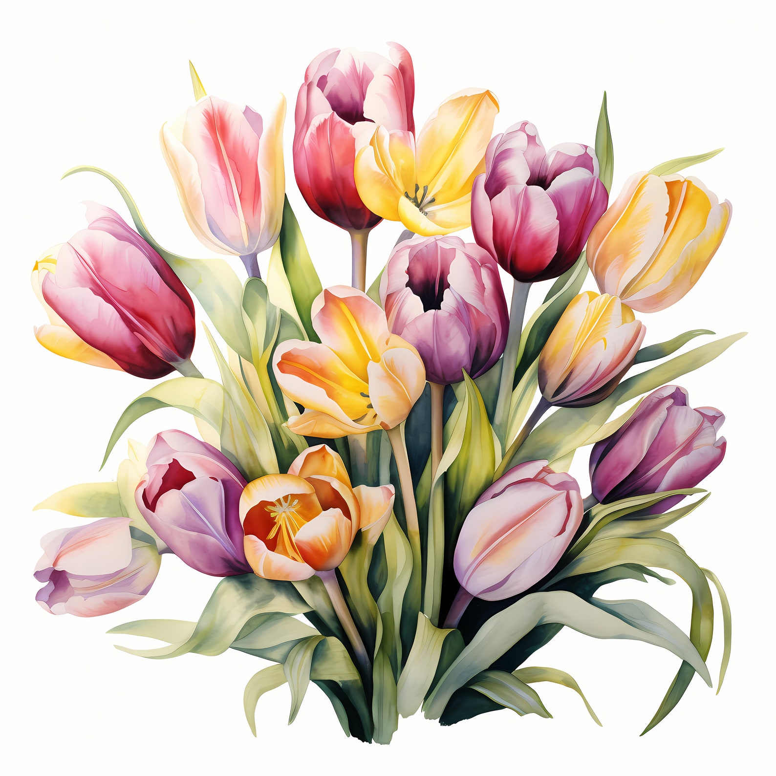 Tulips, Bouquet of Tulips, Spring Flowers Watercolor Clipart Set With ...