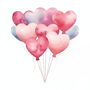 Hearts Balloons Clipart, Valentine Day Balloons Images, 10 Watercolor ...