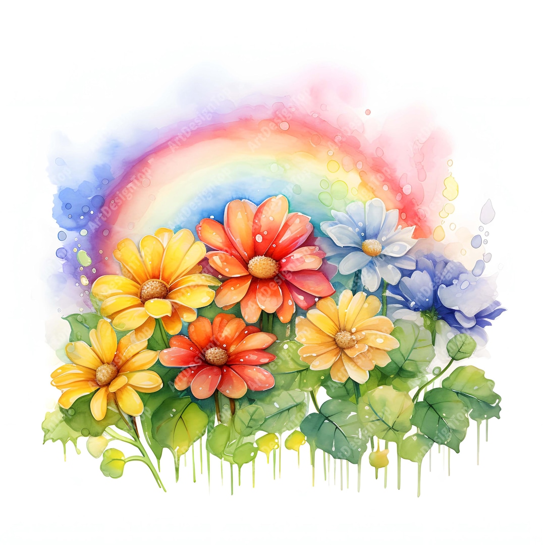 Watercolor Rainbow Flowers Clipart: Commercial Use Jpgs (digital ...
