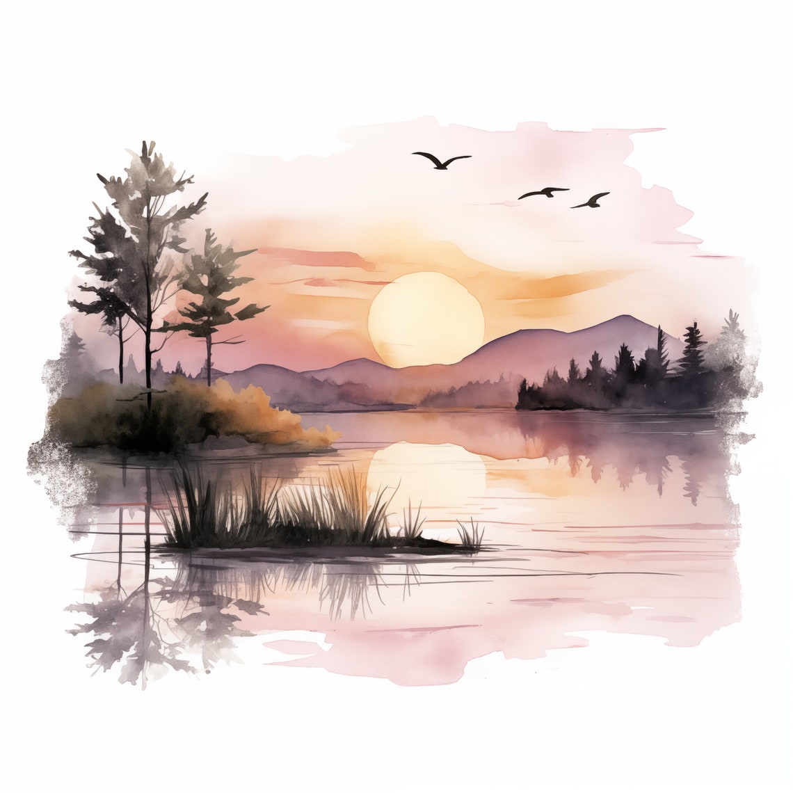Watercolor Lakeside Sunset Clipart: Printable Lake Landscape (jpgs) - Etsy