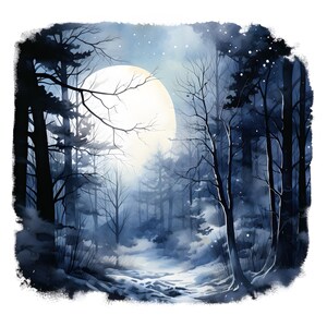 Watercolor Moonlit Forest Clipart: Full Moon Night Images (jpgs) - Etsy