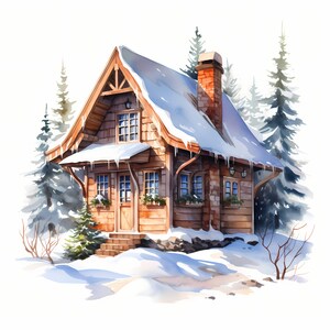 Cabin in Snowy Clipart, Snowy Tiny Hut Images, 10 Watercolor Clip Art ...