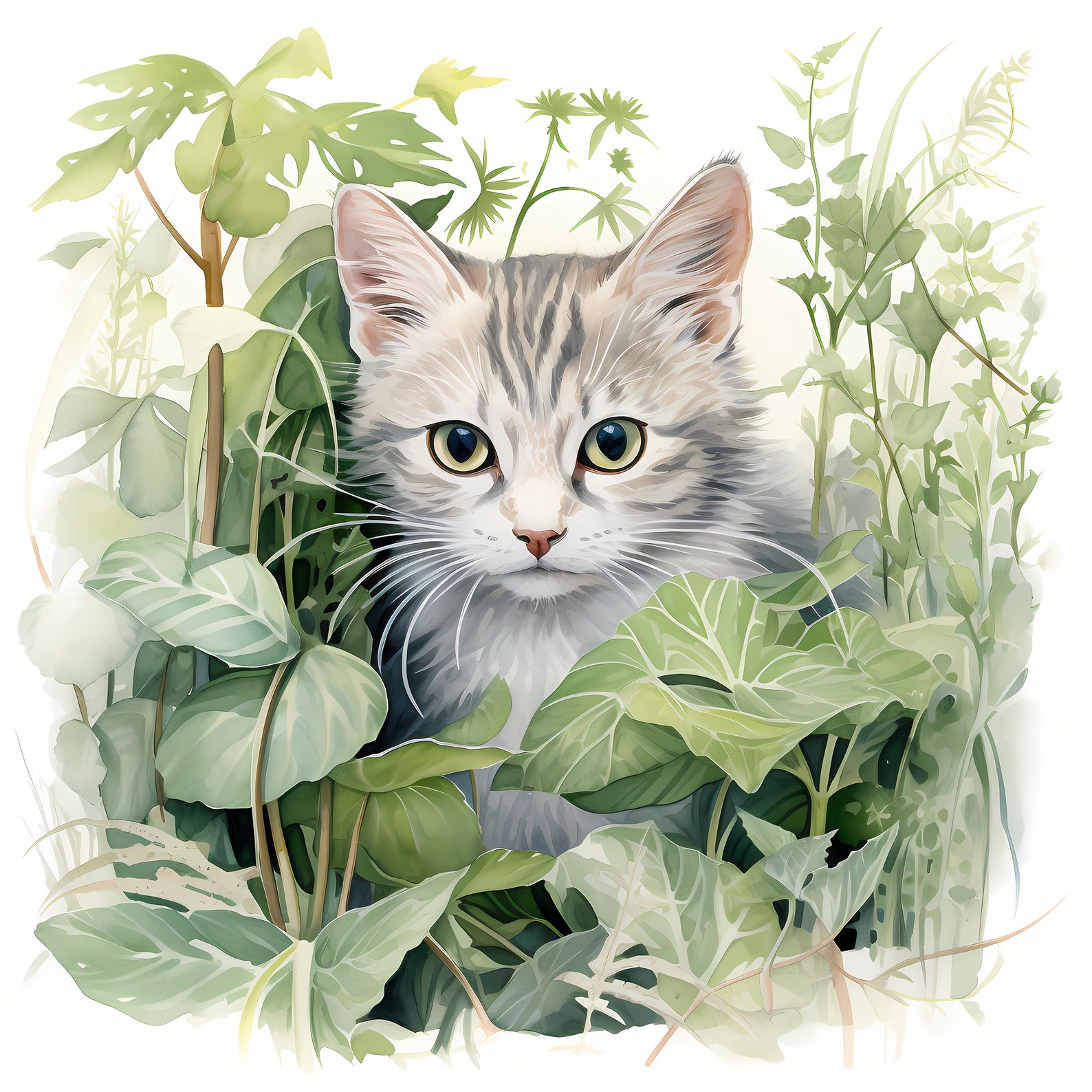 Cat in Plants, Cute Kitten, Garden Cat Watercolor Clipart Set With 10 ...