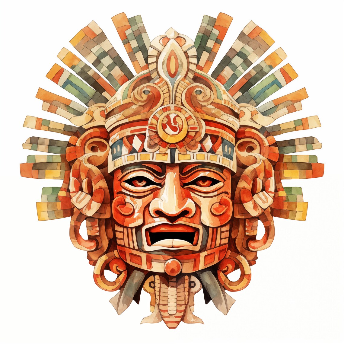 10 Mayan Mask Clipart, Ancient Mayan Mask JPG, Watercolor Clipart, High ...