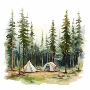 Camping Clipart, Camp in Forest Images, 10 Watercolor Clip Art ...