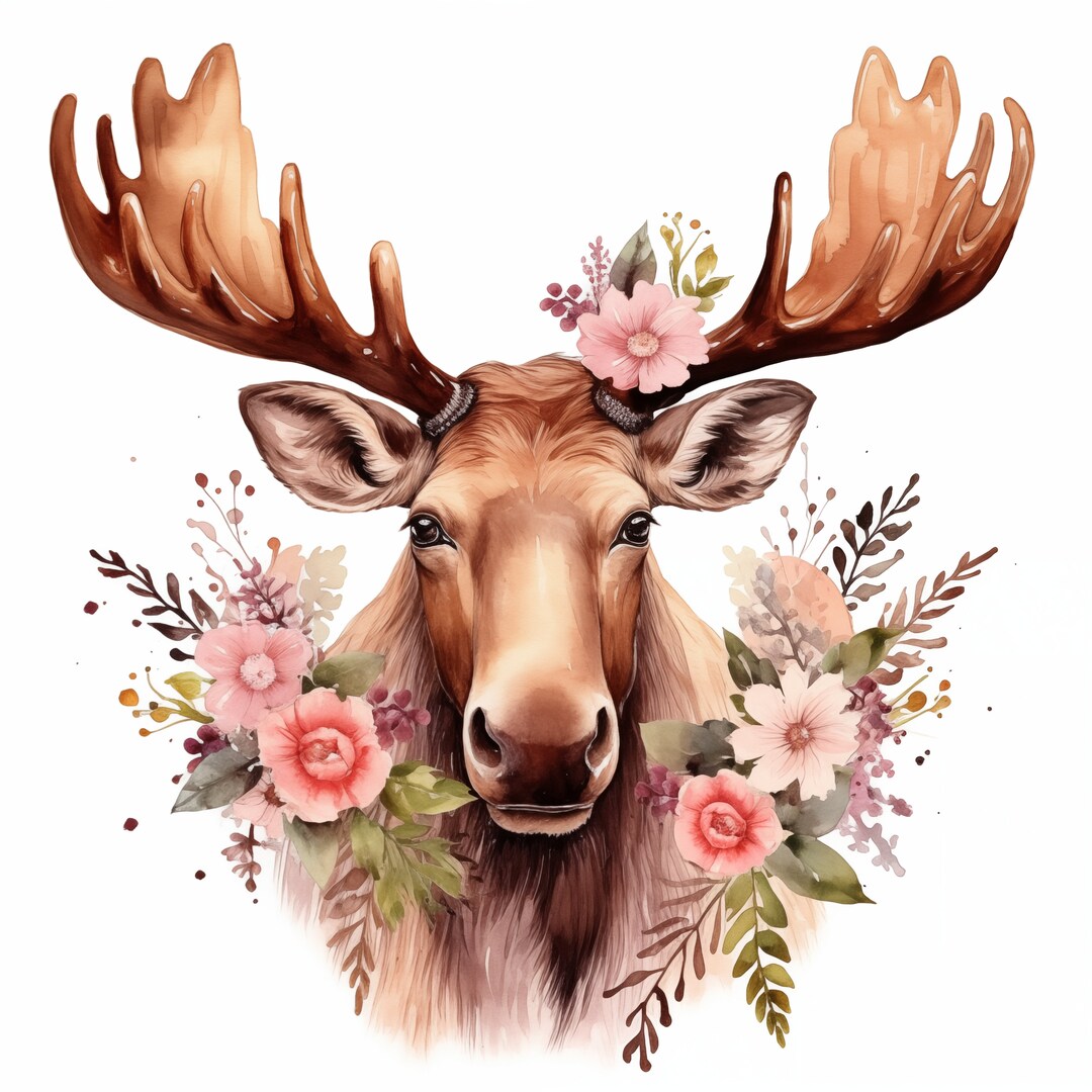 Moose Clipart, Moose With Flowers Images, 10 Watercolor Clip Art ...