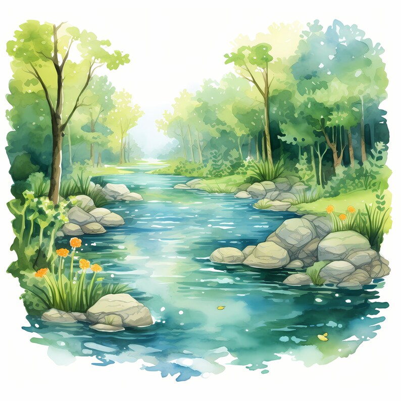 River in Forest Clipart, Forest River Images, 10 Watercolor Clip Art ...