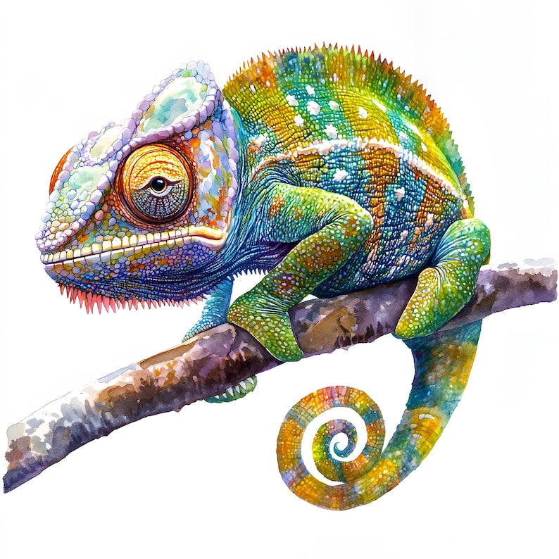 Watercolor Chameleon Clipart: Tropical Reptile Art (jpgs, Commercial ...
