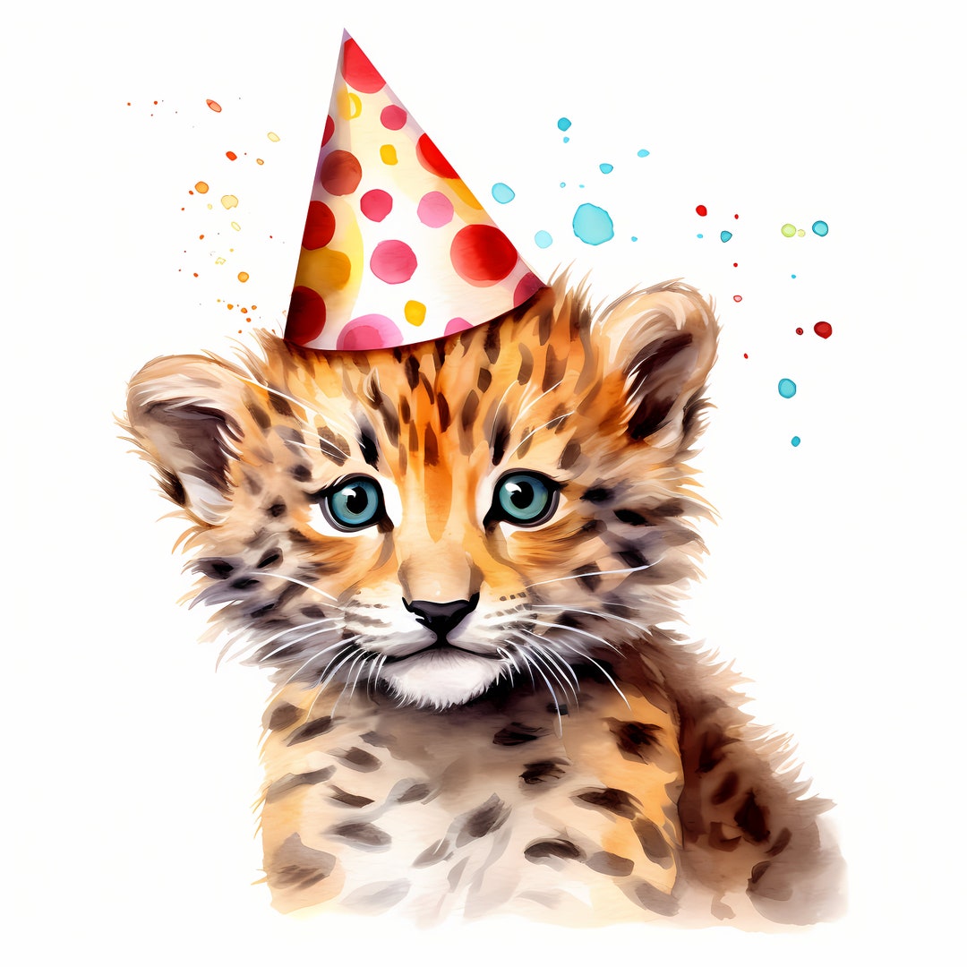 Leopard With Party Hat, Funny Leopard Watercolor Clipart Set With 10 ...