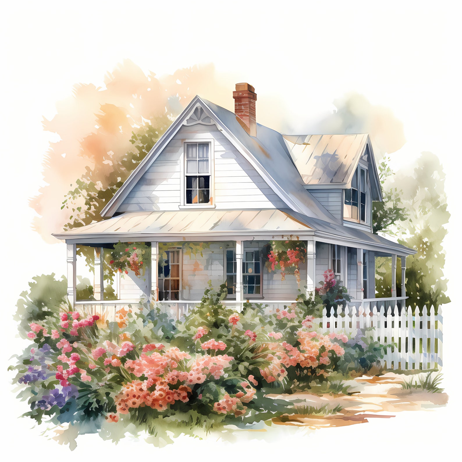 Country Farmhouse Clipart, Garden House Images, 10 Watercolor Clip Art ...