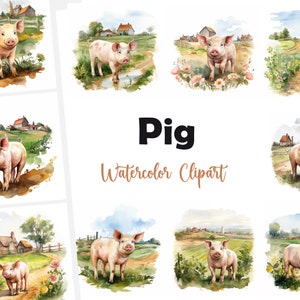 12 Farm Pig Clipart, Pig Clipart, Watercolor Clipart, High Quality Jpgs ...
