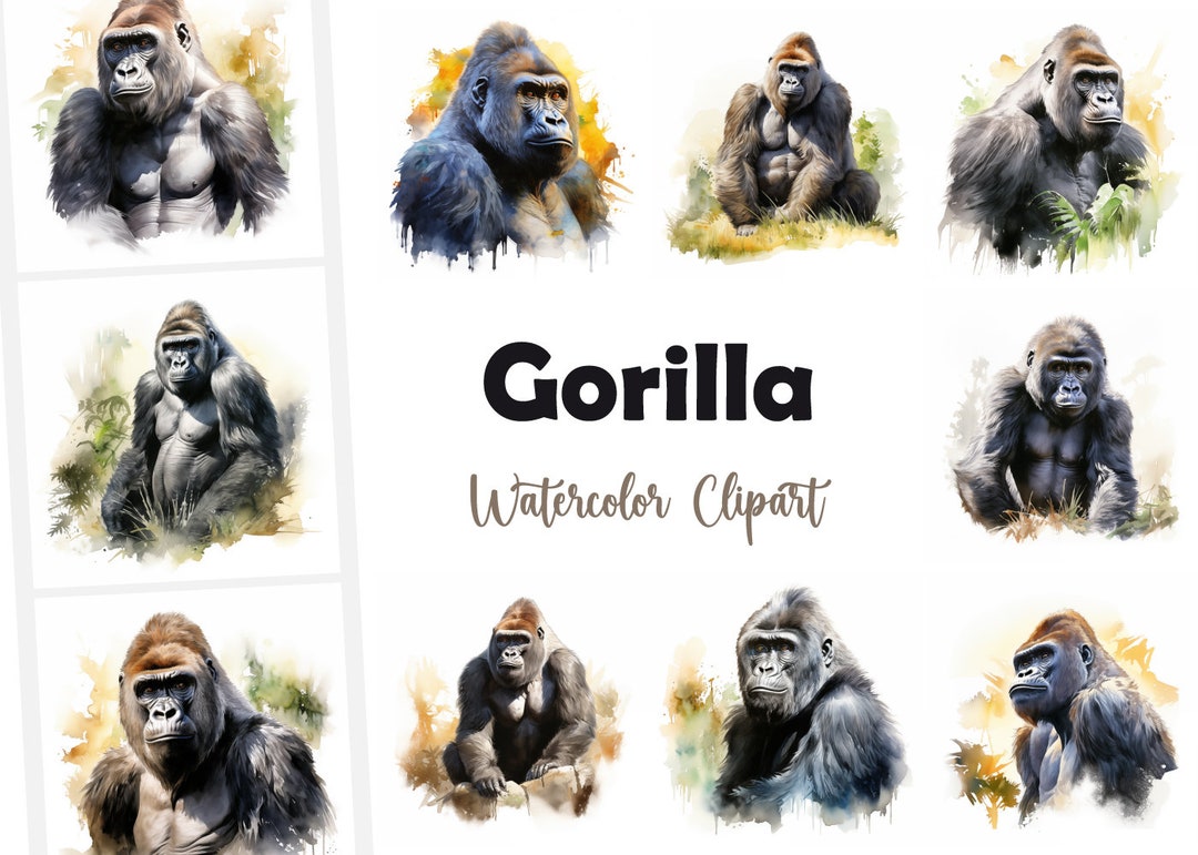 Gorilla Clipart, Great Apes Images, 10 Watercolor Clip Art, Printable ...