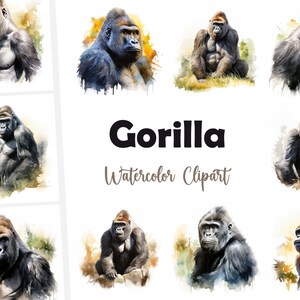 Gorilla Clipart, Great Apes Images, 10 Watercolor Clip Art, Printable ...