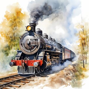 Watercolor Steam Train Clipart: Vintage Locomotive Jpgs (commercial Use ...
