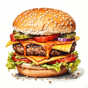 Cheeseburger Clipart, Tasty Burger, Hamburger Images, 10 Watercolor ...