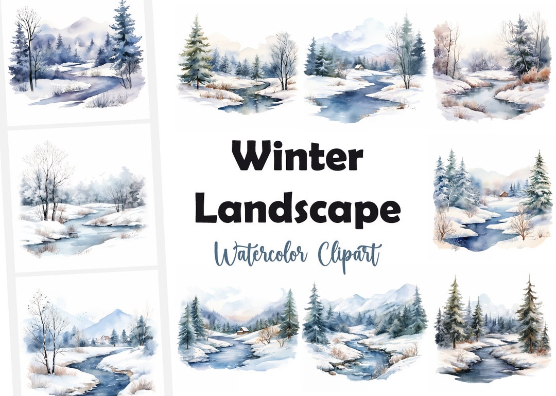 10 Winter Landscape Cliparts, Winter Nature JPG, Watercolor Cliparts ...