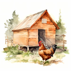 Chicken Coop Clipart, Chickens in Coop Images, 10 Watercolor Clip Art ...