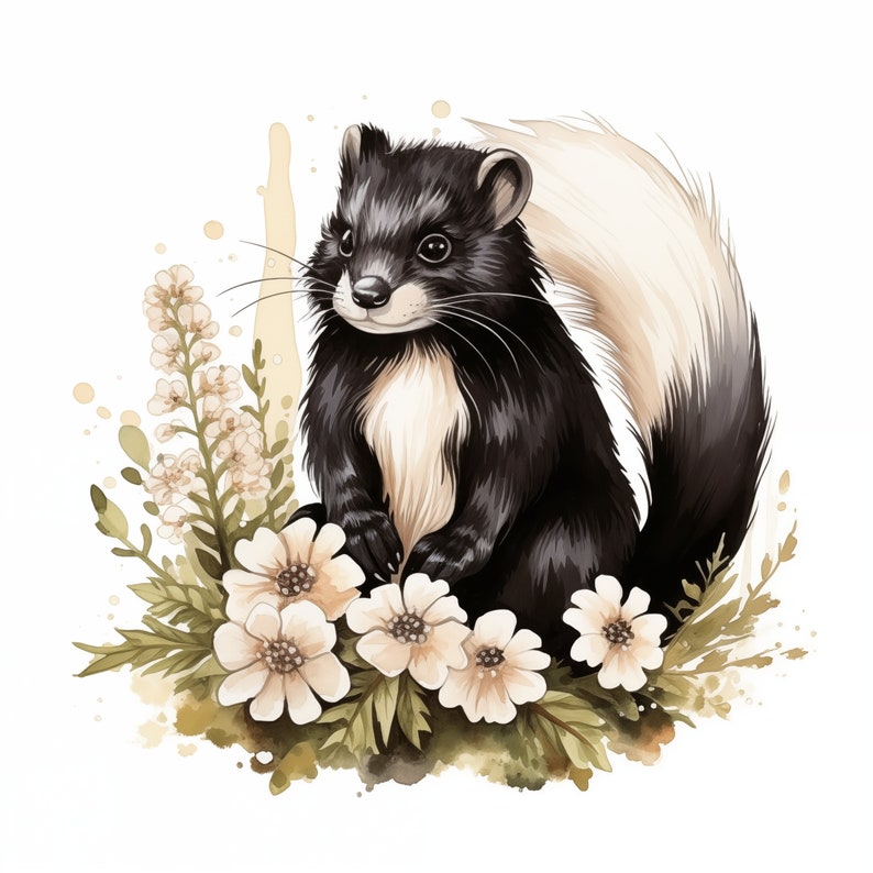 10 Skunk With Flowers Clipart, Skunk JPG, Watercolor Clipart, High ...