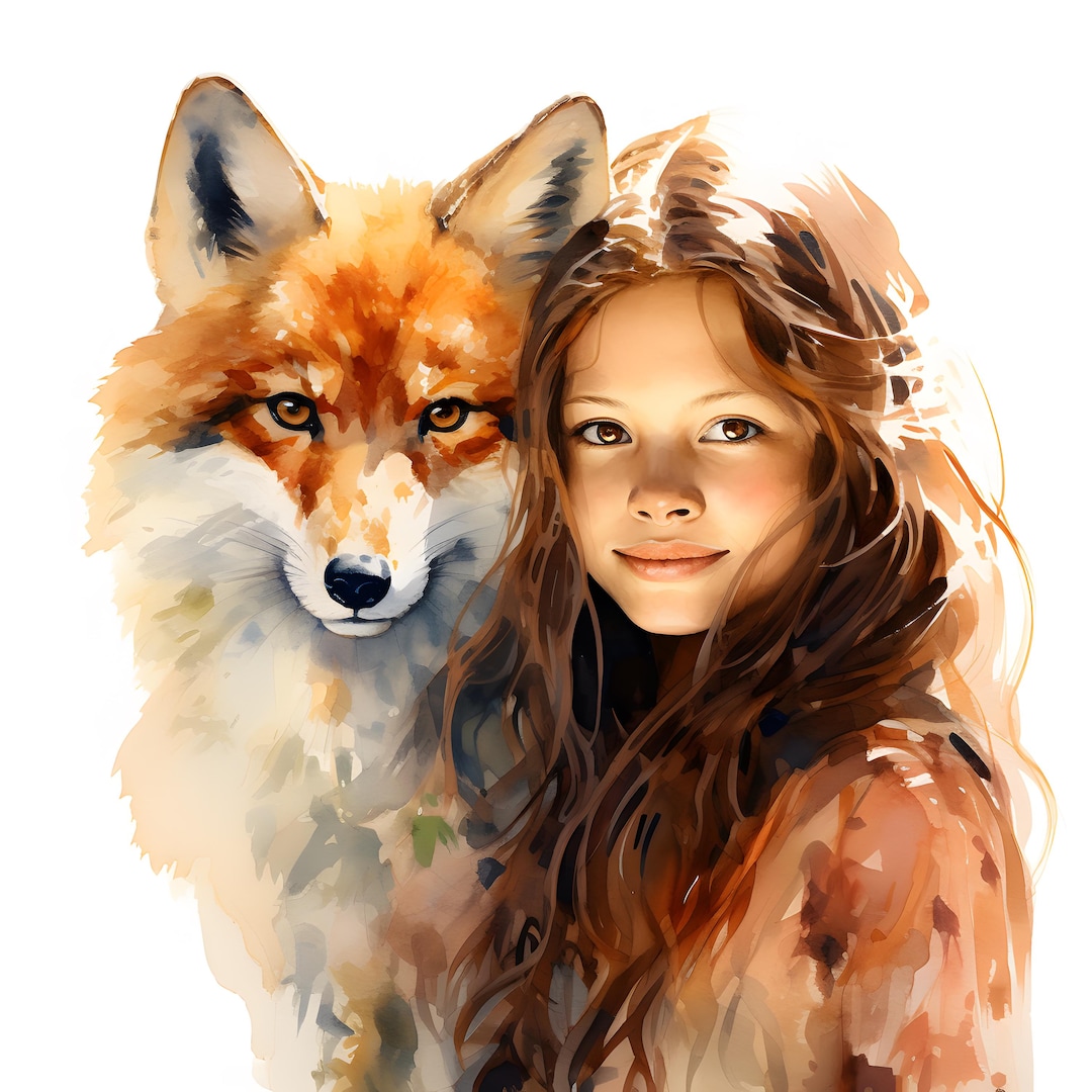 Girl and Fox Clipart, Girl Fox Images, 10 Watercolor Clip Art ...
