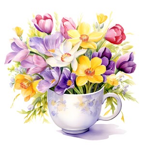 Flowers in Cup Clipart, Spring Flowers Images, 10 Watercolor Clip Art ...