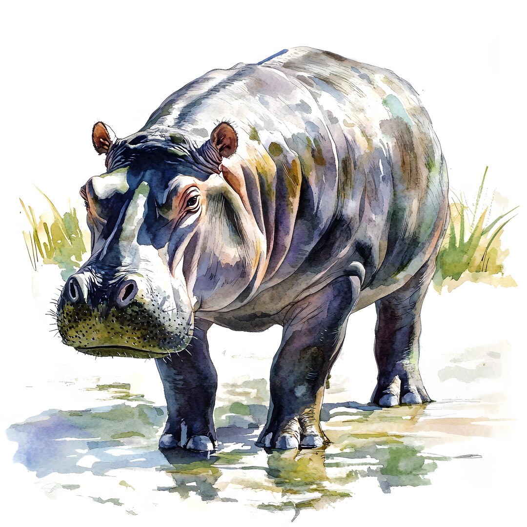 Hippo Clipart, Hippopotamus Images, 10 Watercolor Clip Art, Printable ...