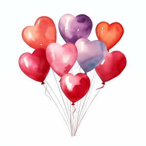 Hearts Balloons Clipart, Valentine Day Balloons Images, 10 Watercolor ...