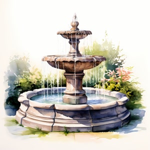 Garden Fountain Clipart, Water Fountain Images, 10 Watercolor Clip Art ...