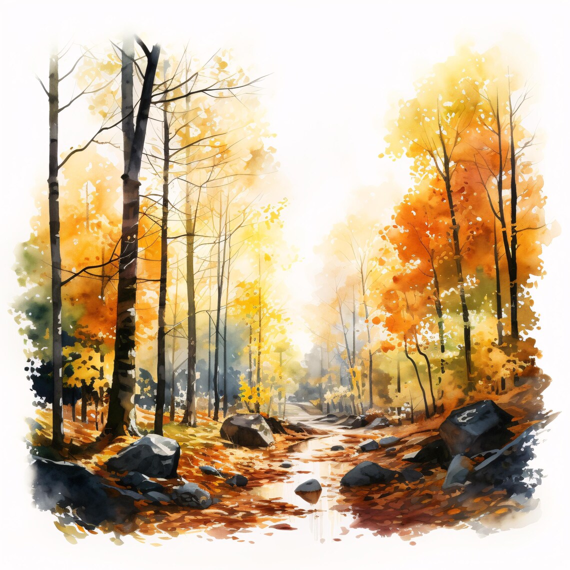 Watercolor Autumn Forest Path Clipart: Fall Landscape Jpgs (commercial ...