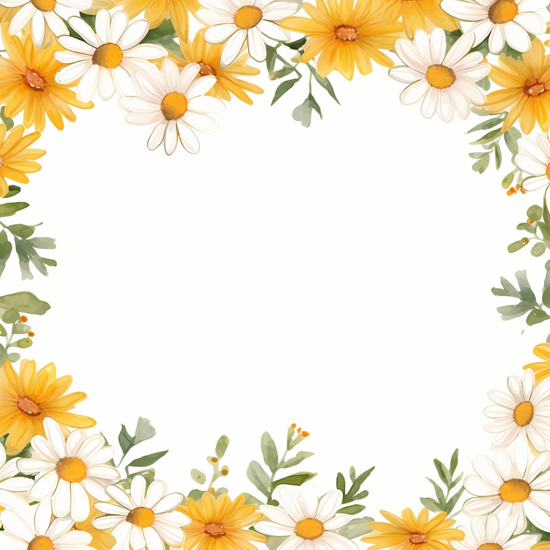 Watercolor Daisy Flower Border Clipart: Printable Frame Images (jpgs ...