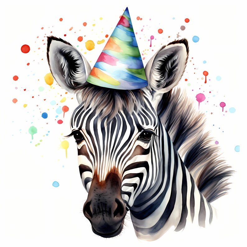 Zebra With Party Hat, Funny Zebra Watercolor Clipart Set With 10 JPG ...