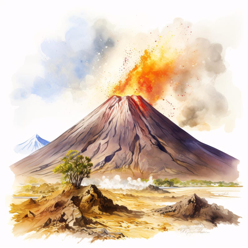 Volcano Clipart, Erupting Mountain Images, 10 Watercolor Clip Art ...