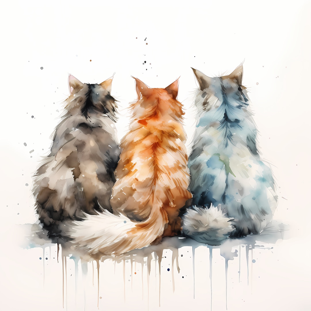 Sitting Cats Clipart, Back View of Sitting Cats Images, 10 Watercolor ...
