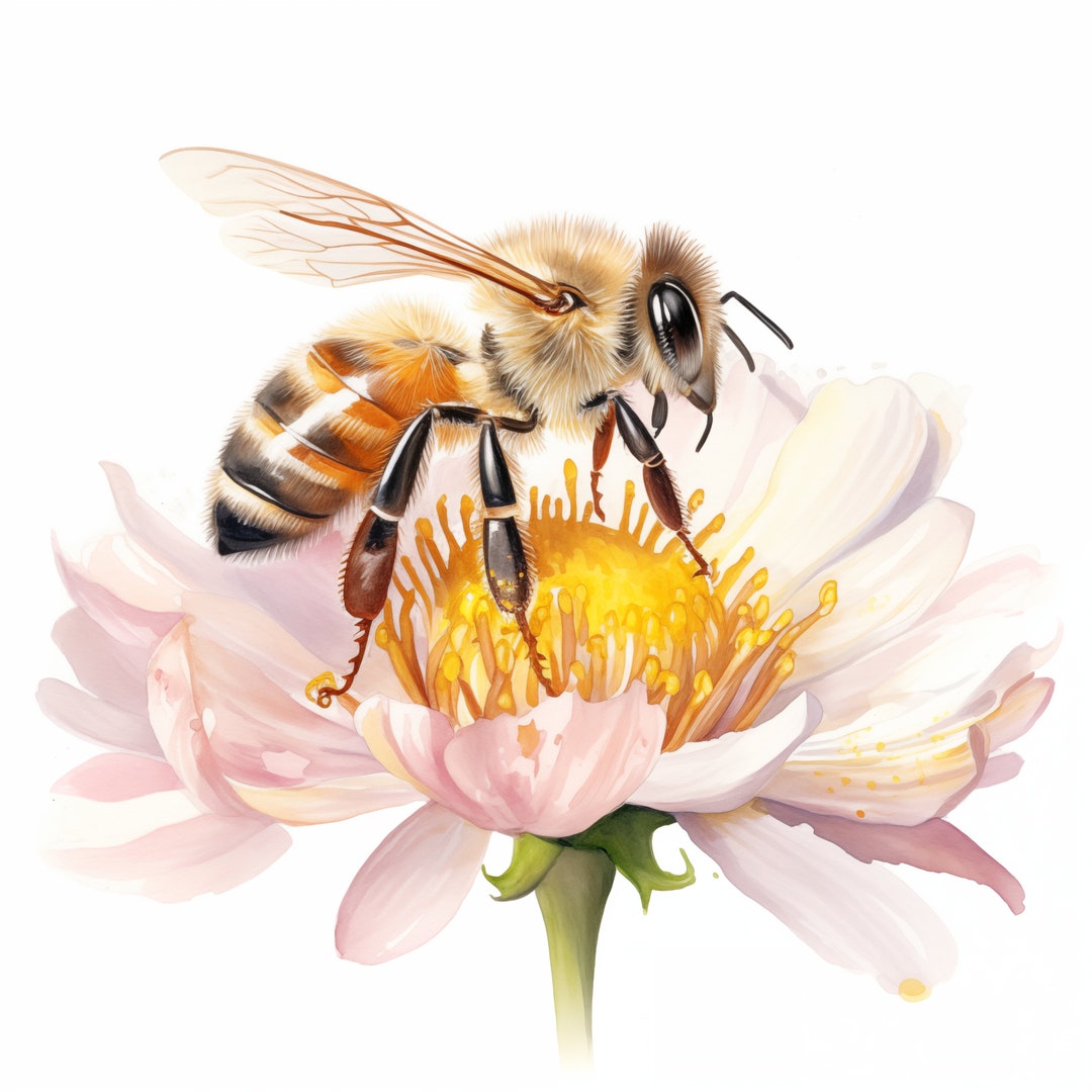 Bee Clipart, Bee With Flower Images, 10 Watercolor Clip Art, Printable ...
