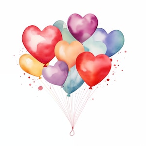 Hearts Balloons Clipart, Valentine Day Balloons Images, 10 Watercolor ...