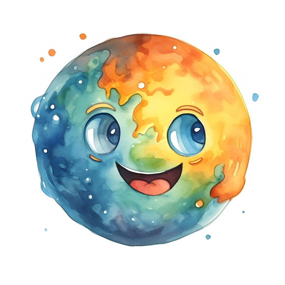 Cute Planet Clipart, Planet With Face Images, 10 Watercolor Clip Art ...