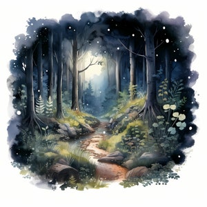 Watercolor Magical Night Forest Clipart: 10 JPG Images (commercial Use ...