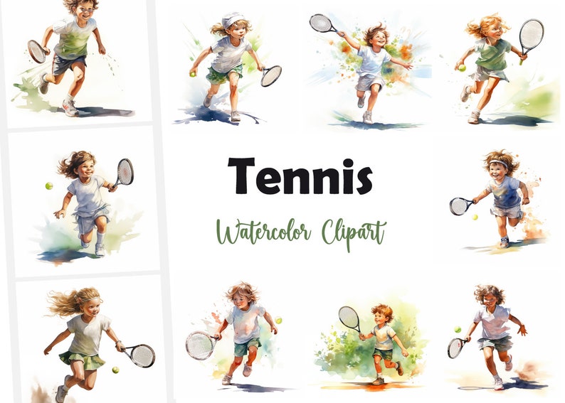 Tennis Clipart, Kids Tennis Images, 10 Watercolor Clip Art, Printable ...