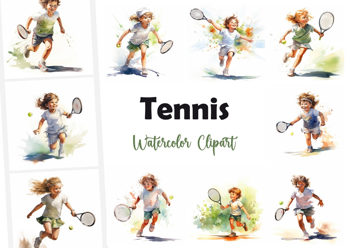 Tennis Clipart, Kids Tennis Images, 10 Watercolor Clip Art, Printable ...