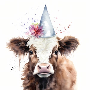 Cow Clipart, Cow With Party Hat Images, 10 Watercolor Clip Art ...